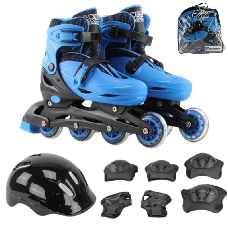 Patins Roller Infantil Triline Inline 4 Rodas Menino + Kit Proteção ...