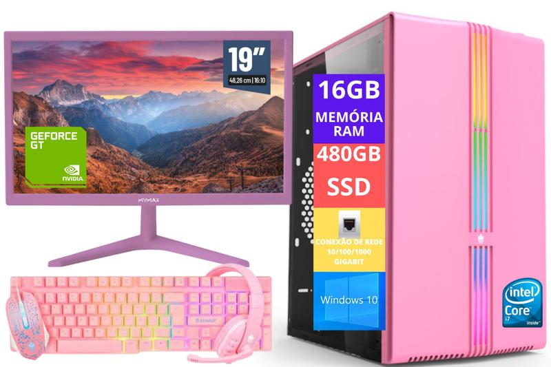 Pc Gamer Completo Rosa I7 16GB SSD 480GB GT610 + Monitor 19 Polegadas ...