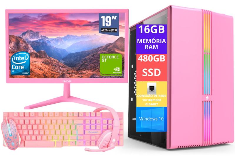 Pc Gamer Completo Rosa I7 16GB SSD 480GB GT610 + Monitor 19 Polegadas ...