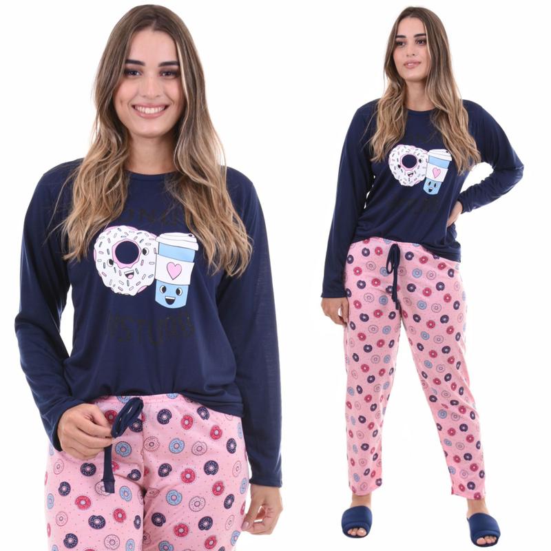 Pijama De Frio Inverno Feminino Adulto Manga Comprida e Calça Longa ...