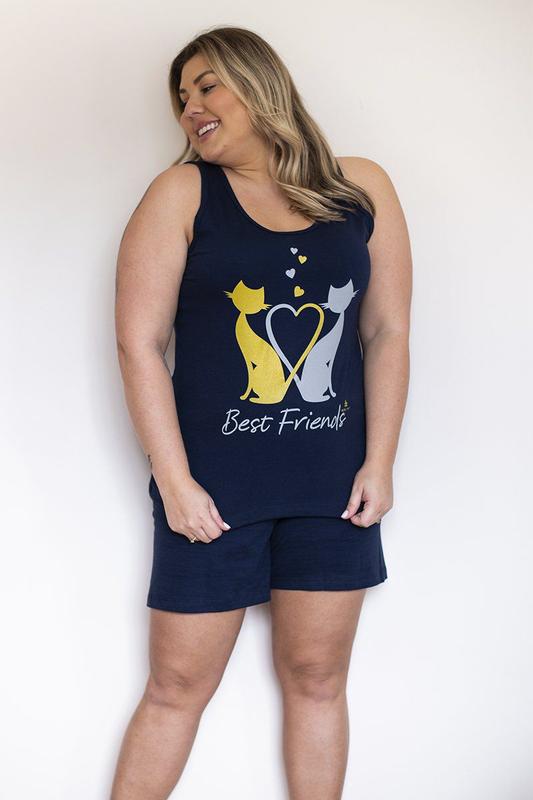 Pijama Verão Feminino Regata Plus Size de Algodão Friends Azul ...