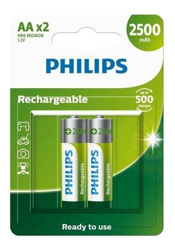 Pilha Aa Recarregável Philips 2500 Mah 500 Cargas 2 Pilhas - Pilhas ...