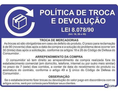 Placa adesiva ''política de troca e devolução'' - CAPRI - Placa de ...