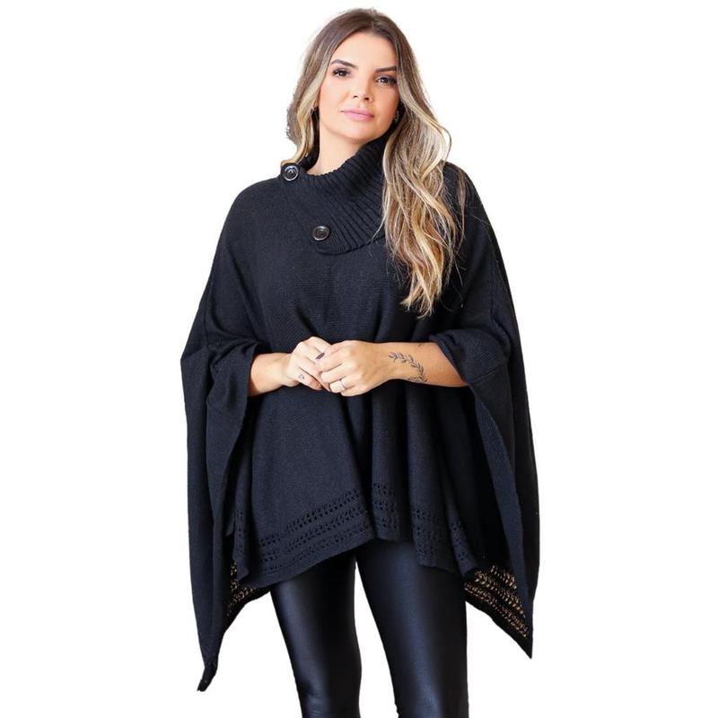 Poncho Feminino de Tricô Mousse Liso e Gola Alta - GIP - Poncho ...