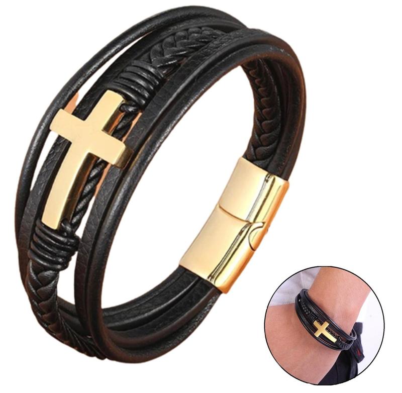 Pulseira tribal cruz executiva em couro multicamada masculina feminina ...
