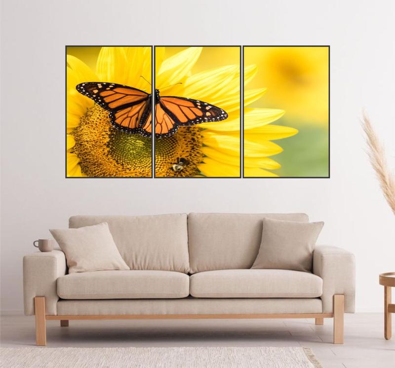 Quadro 3 peças Borboleta Flor Girassol Alta resolução - Apollo Quadros ...