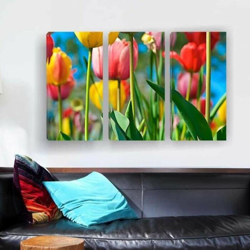 Quadro Decorativo Tríptico Tulipas Cor Rosa 60x40 Caverna Quadros