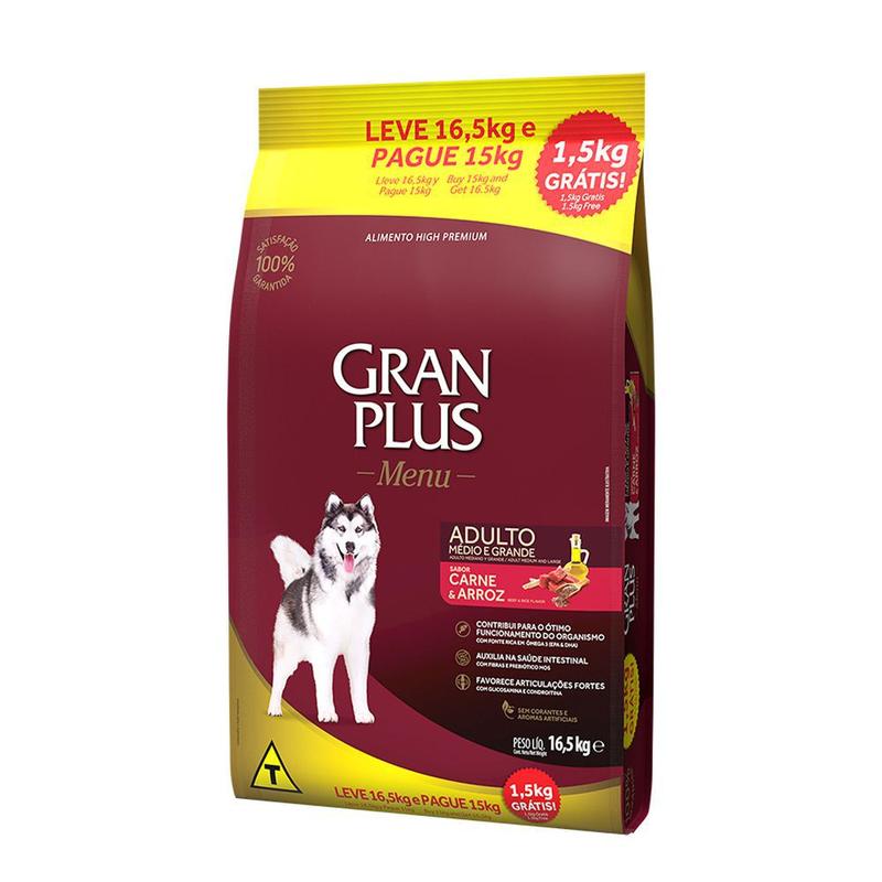 Ração Gran Plus Cães Menu Adultos Médias/Grande Carne e Arroz Bônus Bag ...