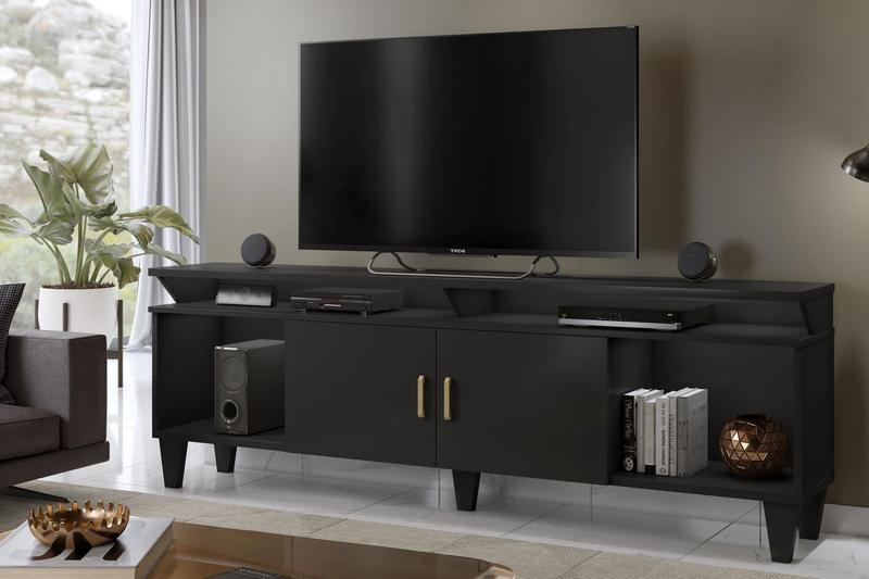 Rack Arizona 2 portas Tv até 65 polegadas pés Madeira Maciça Preto ...