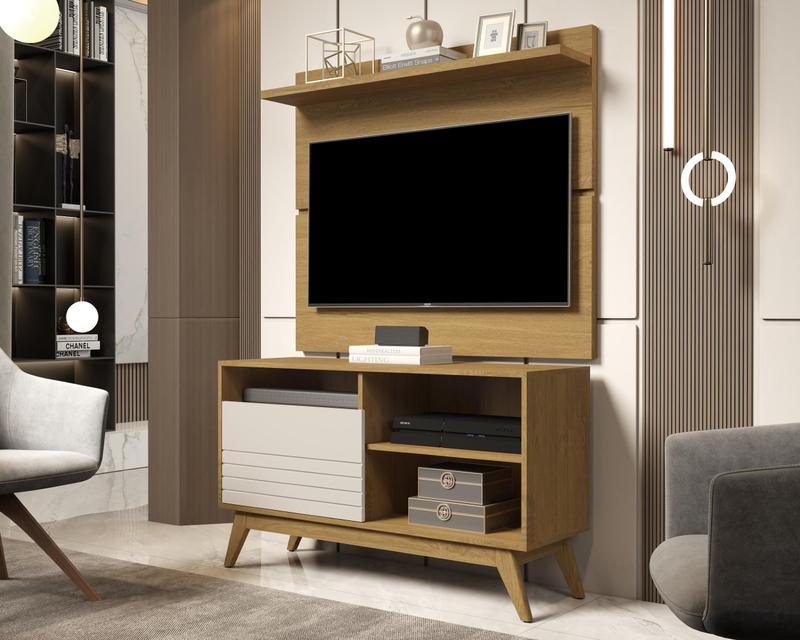 Rack com Painel para TV Fênix Wood 1.080 Cumaru/Off White Giga Móveis ...