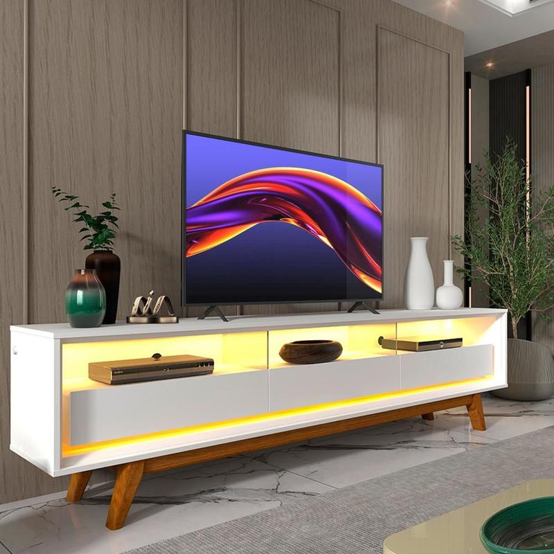 Rack Para Sala TV Até 75 Polegadas Com LED E Pés Em Madeira Branco Requinte Gelius - Rack ...