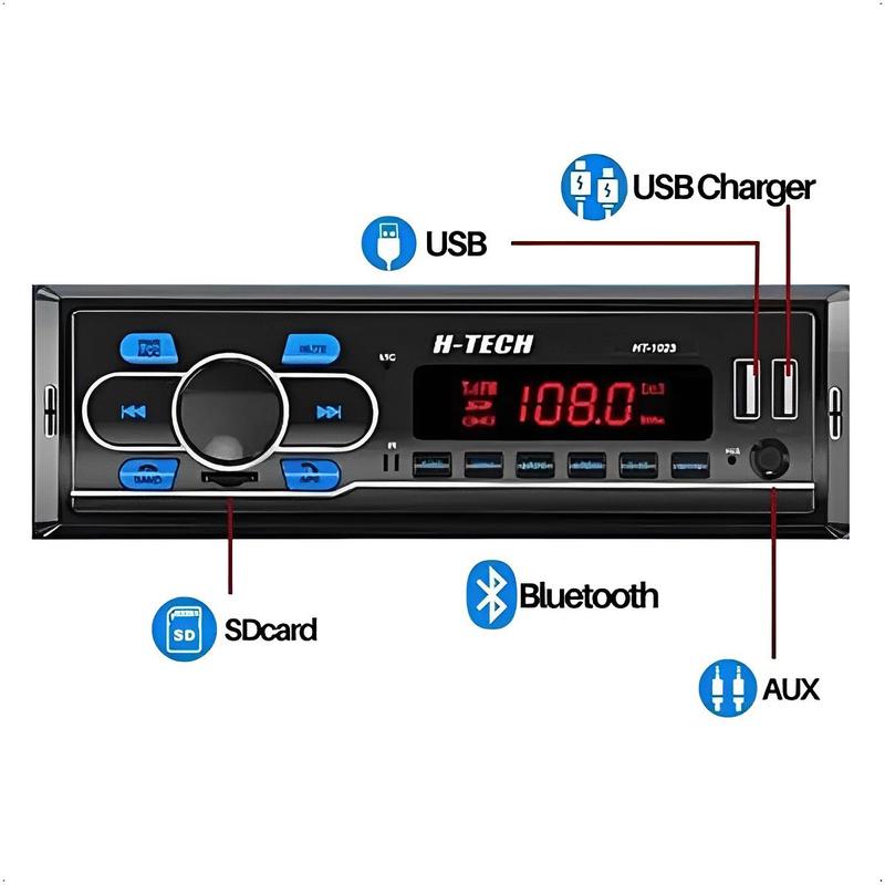 Rádio de Carro H-Tech Bluetooth 1 Din Som Automotivo USB SD FM AUX RCA ...