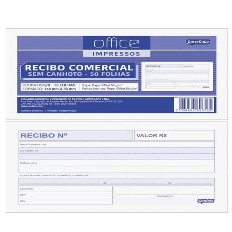 Recibo Comercial 140X88mm 1 Via S/ Canhoto 50 Folhas Kit 20 - JANDAIA - Recibo - Magazine Luiza