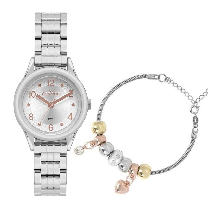 Relógio Feminino Condor Prata Pequeno Com Pulseira Berloques - Relógio ...