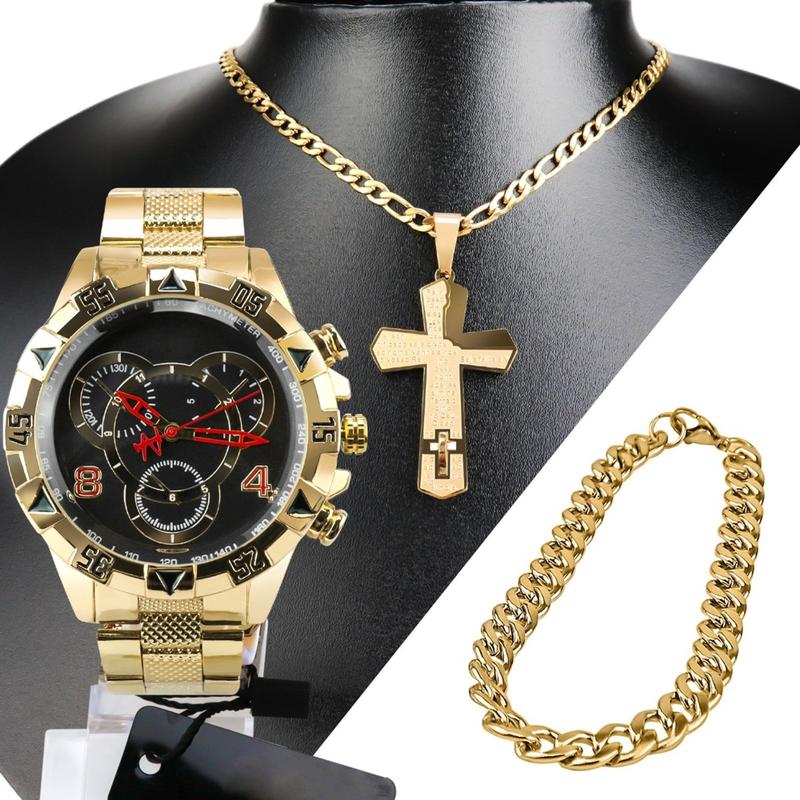 Relógio Masculino De Pulso Quartzo Aço + Corrente Crucifixo E Pulseira ...