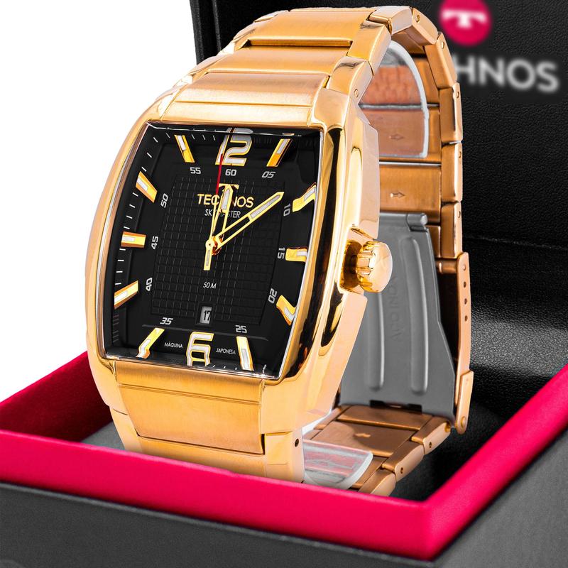 Relógio Masculino Quadrado Technos Dourado Analogico Preto - Techonos ...