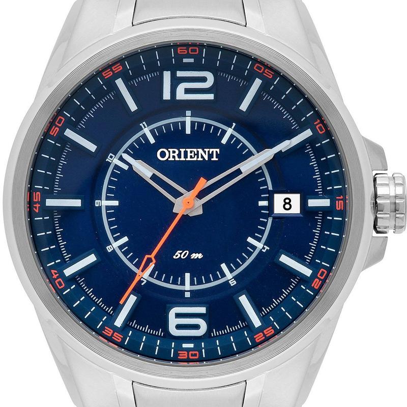 Relogio Orient Masculino prata mostrador azul calendario aço inox ...
