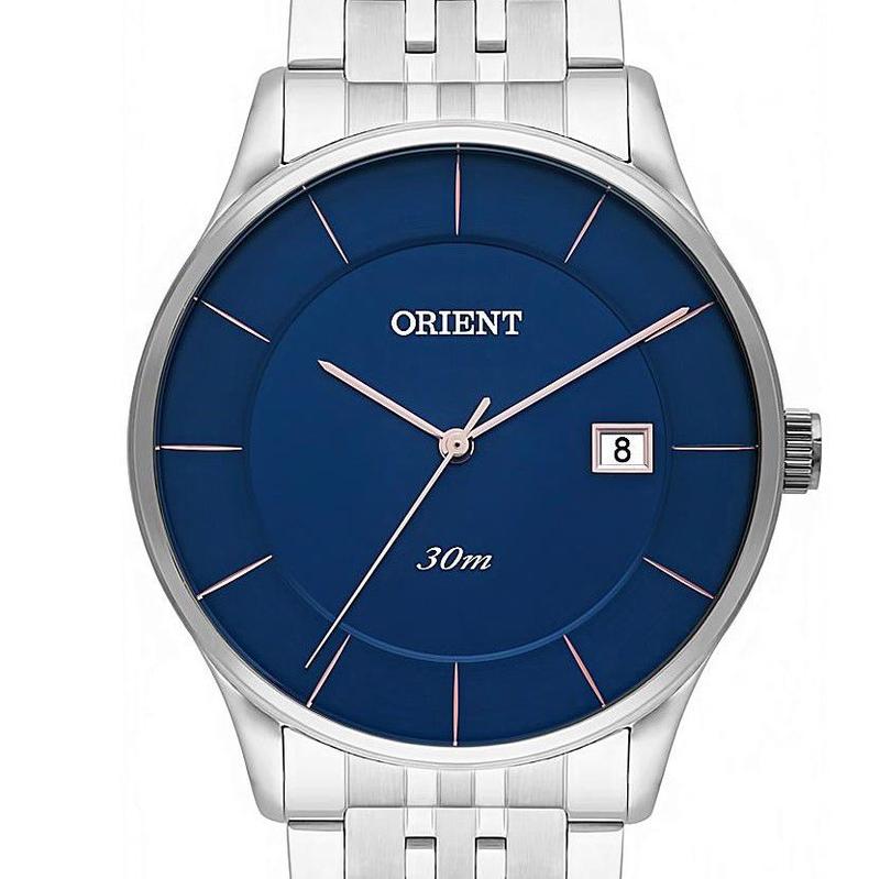Relogio Orient Masculino prata slim fino minimalista fundo Azul ...