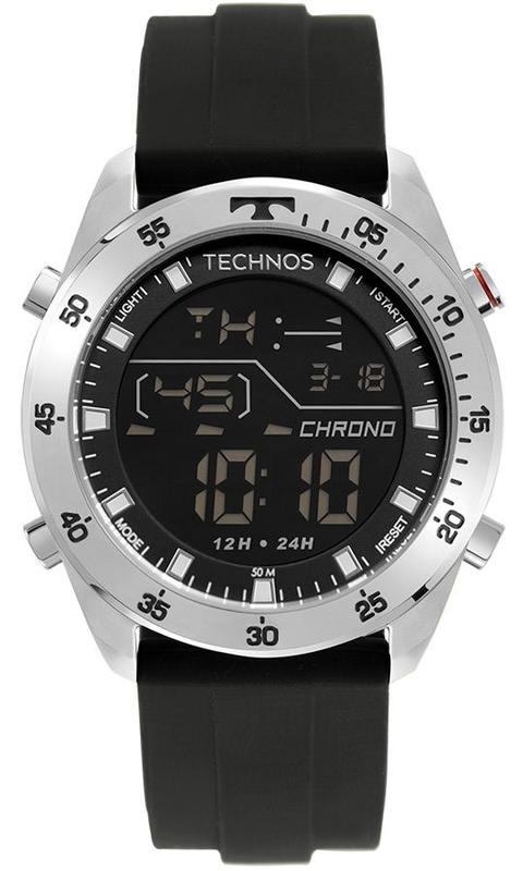 Relogio Technos masculino digital prata preto pulseira de borracha ...