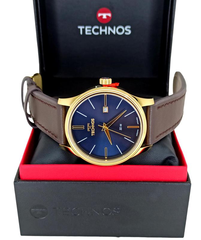 Relógio Technos Masculino Dourado Pulseira De Couro Legitimo 2115TVS/0A ...