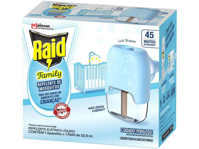 Repelente Elétrico Líquido Raid Family com Refil - 32,9ml 45 Noites ...