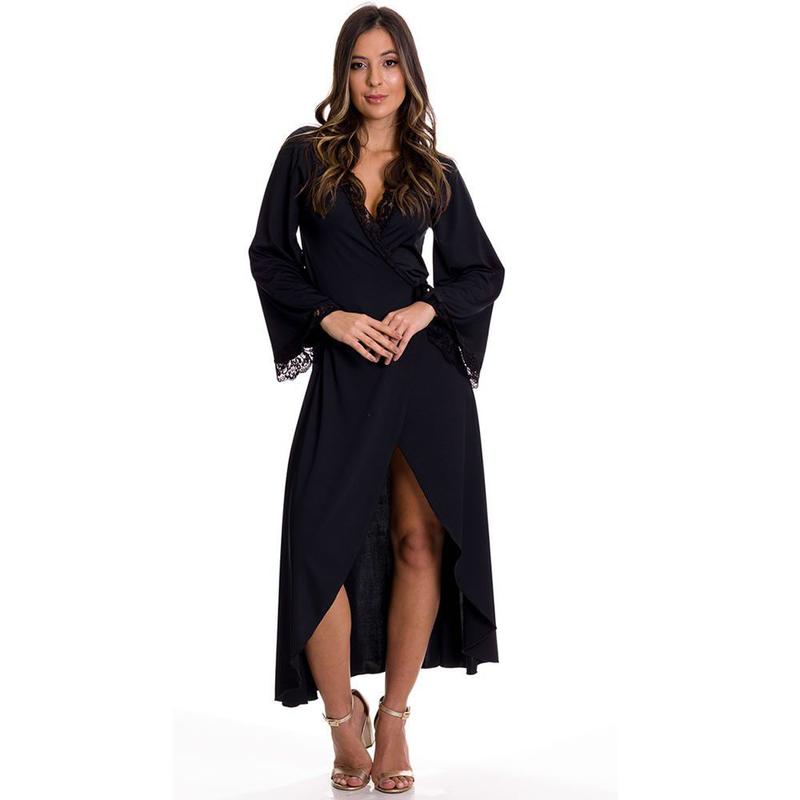 Robe Longo Feminino em Microfibra e Renda Lingerie Roupão Hobby Adulto ...