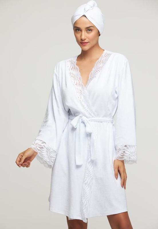 Robe recco manga longa atoalhado com renda branco feminino - Roupão e ...