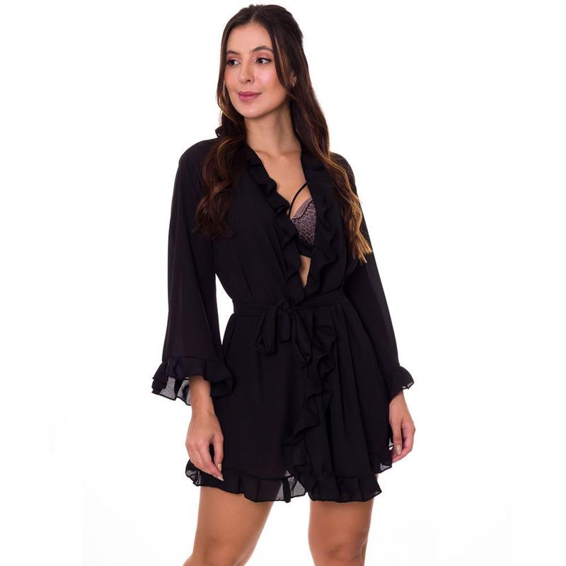 Robe Transparente em Crepe Luxo Roupão Feminino Moda de Baixo - EK5051 ...