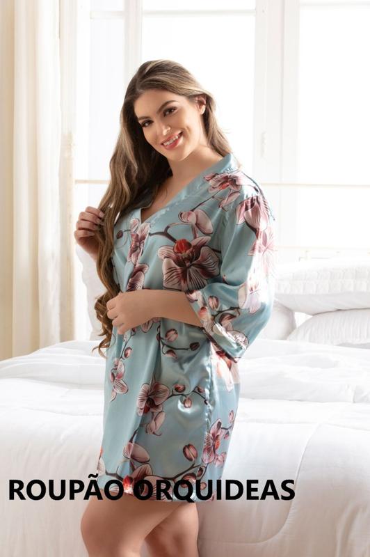 Roupão Robe Hobby Seda Cetim Luxo Feminino Estampado ORQUIDEAS - ÔNIX ...
