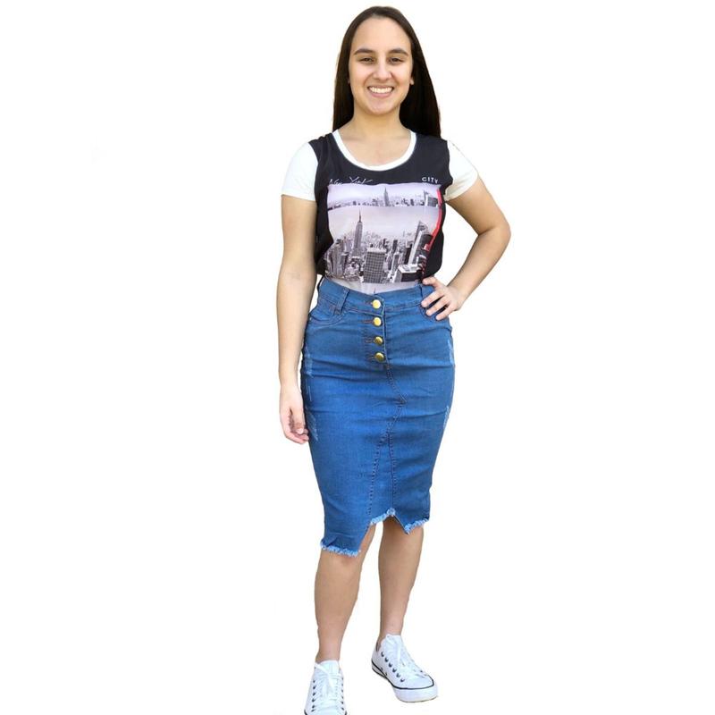 Saia evangélica jeans com elatano desfiada e com puído - Flor do ...