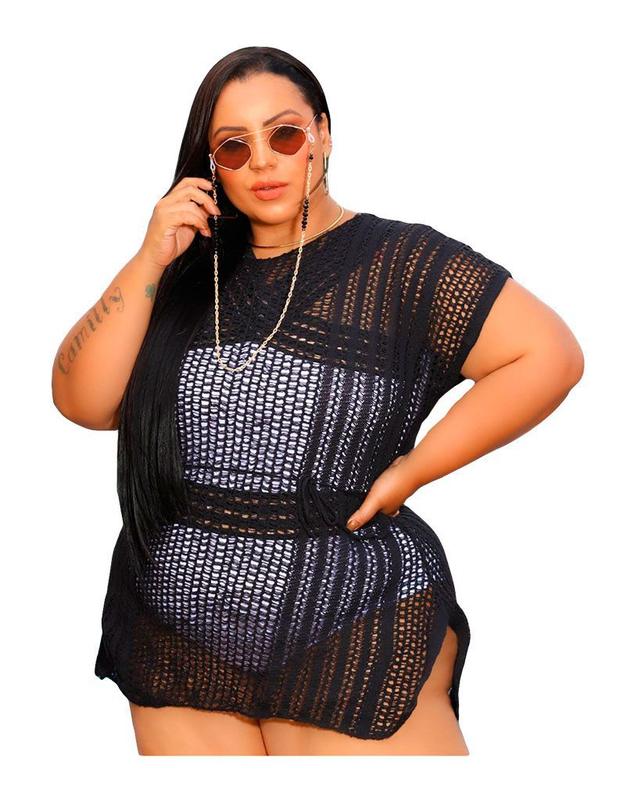 Saída de Praia Plus Size Tricot Fenda Acinturada Verão Banho - PLUS ...