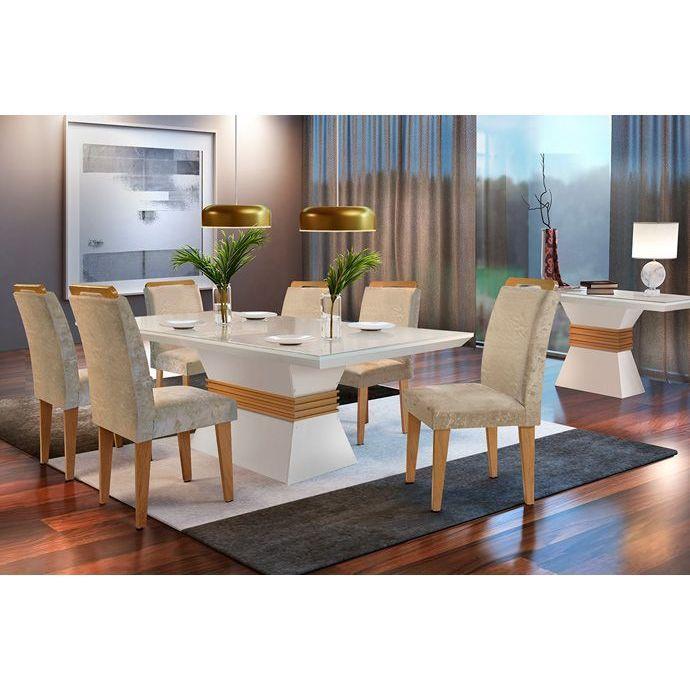 Sala de Jantar Completa Ágata c/ Tampo Madeirado c/ Vidro Canto Reto ...