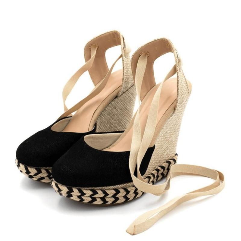 Sandália Feminina Anabela Em Juta Com Amarração Preto - Carola Shoes ...