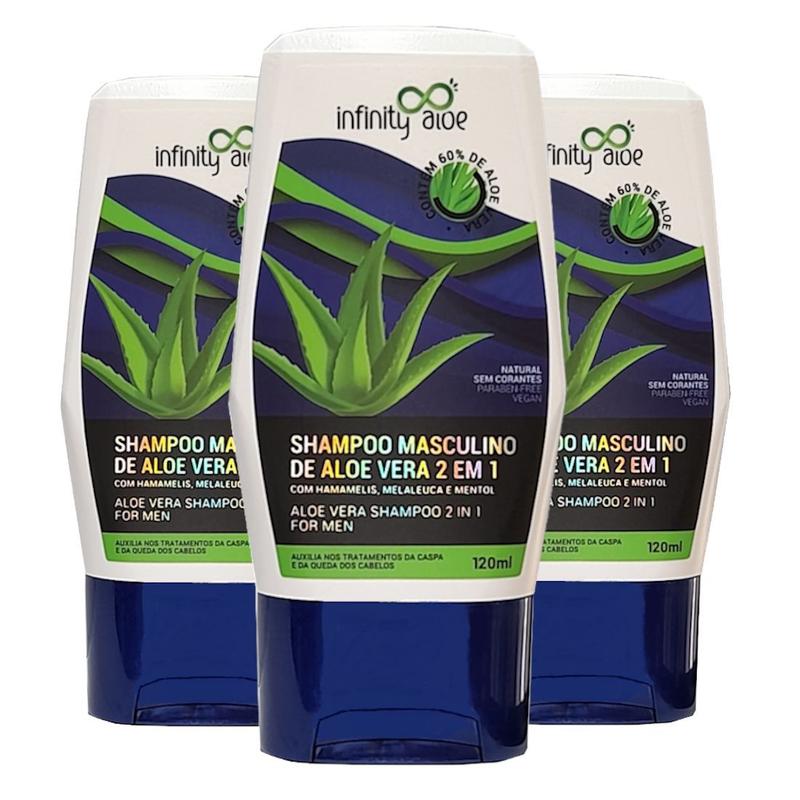 Shampoo e Condicionador Masculino Vegano de Aloe Vera 2 em 1 de 120ml Kit com 3 - Infinity Aloe ...