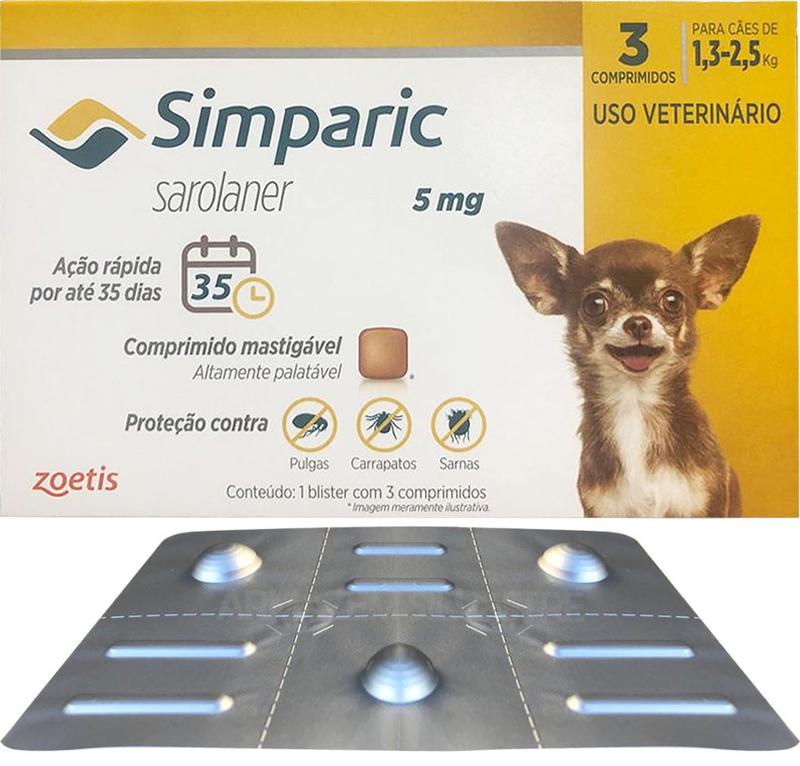 Simparic 1,3 a 2,5kg 5mg 3 Comprimidos Mastigáveis Palatáveis Pulgas ...
