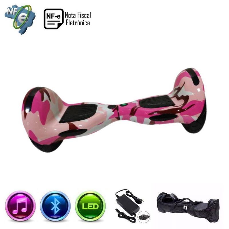 Skate Elétrico Hoverboard 10" Rosa Camuflado Bluetooth e LEDs com Bolsa ...