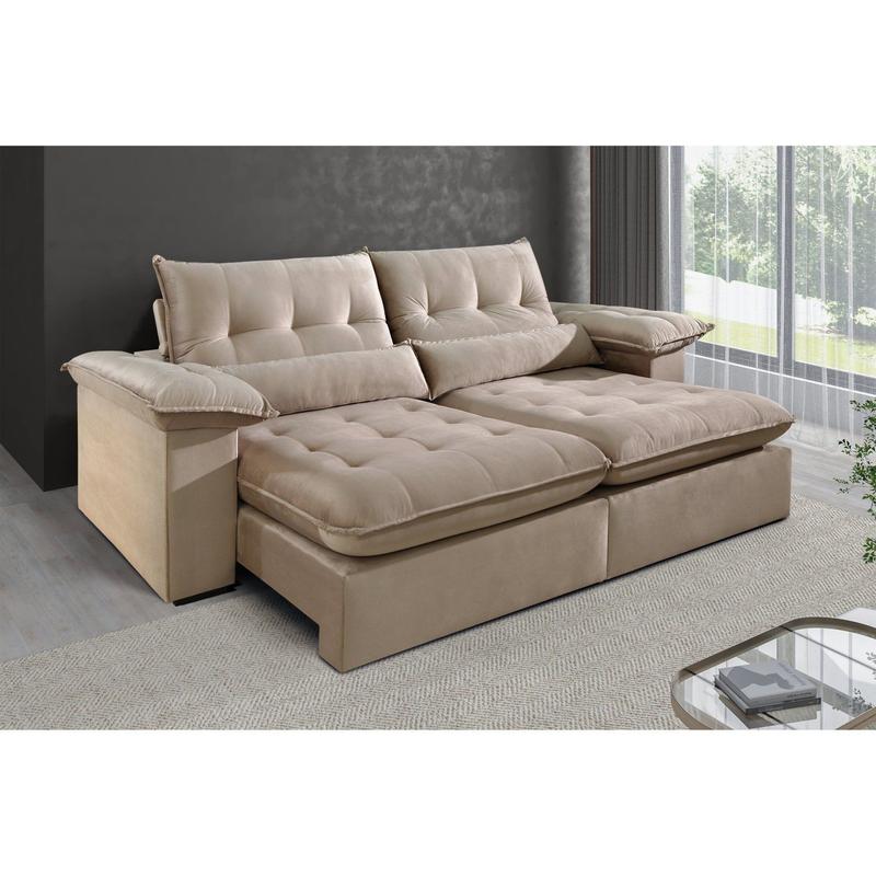 Sofá Retrátil e Reclinável 3 Lugares Veludo Alphaville Bege Castor - CRIS DECOR - Sofás ...