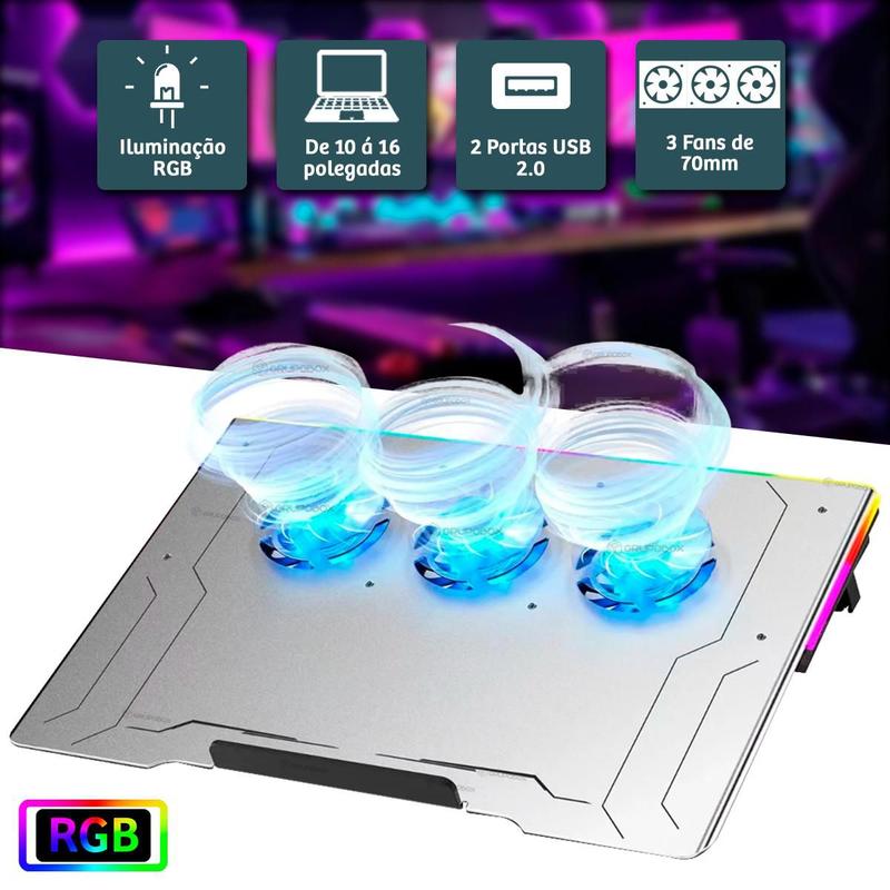 Suporte Base De Notebook Em Aluminio 3 Cooler Led Ajustavel - Knup ...