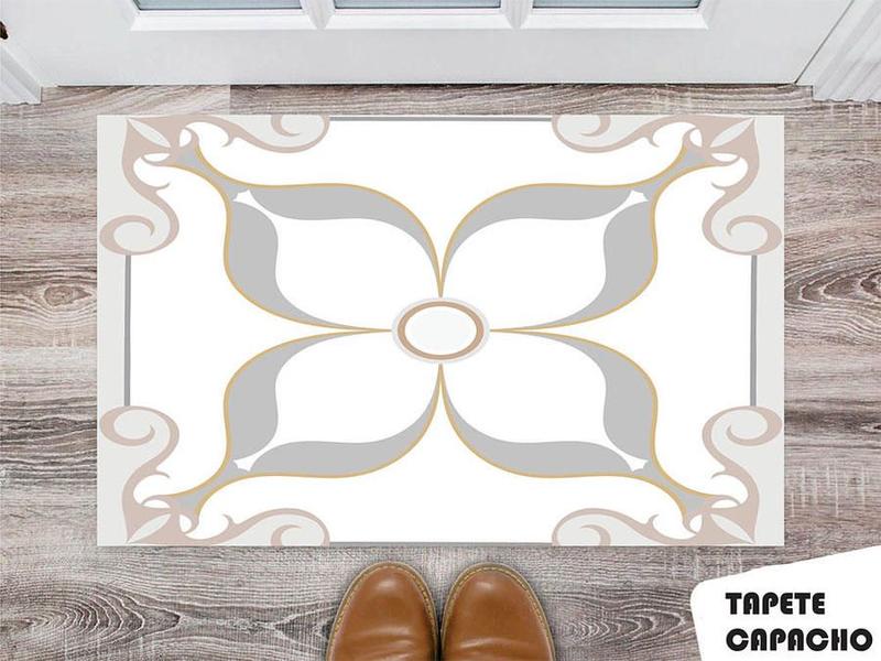 Tapete Capacho Personalizado Flor Central Branca e Cinza com Detalhes ...