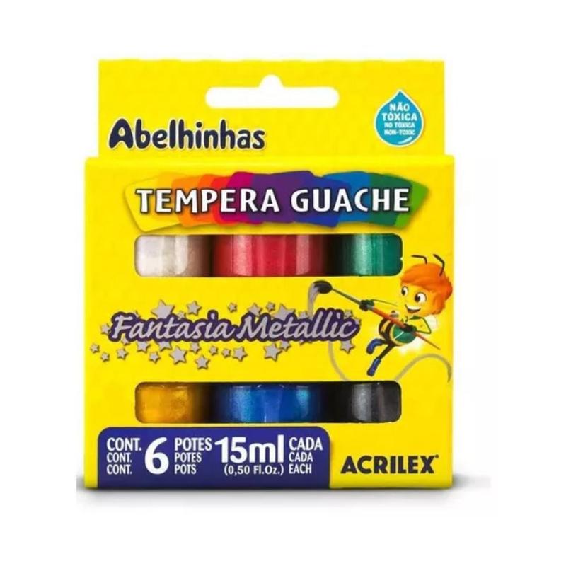 Tempera Guache Acrilex Fantasia Metallic 6 Cores 15 Ml - Tinta Guache ...
