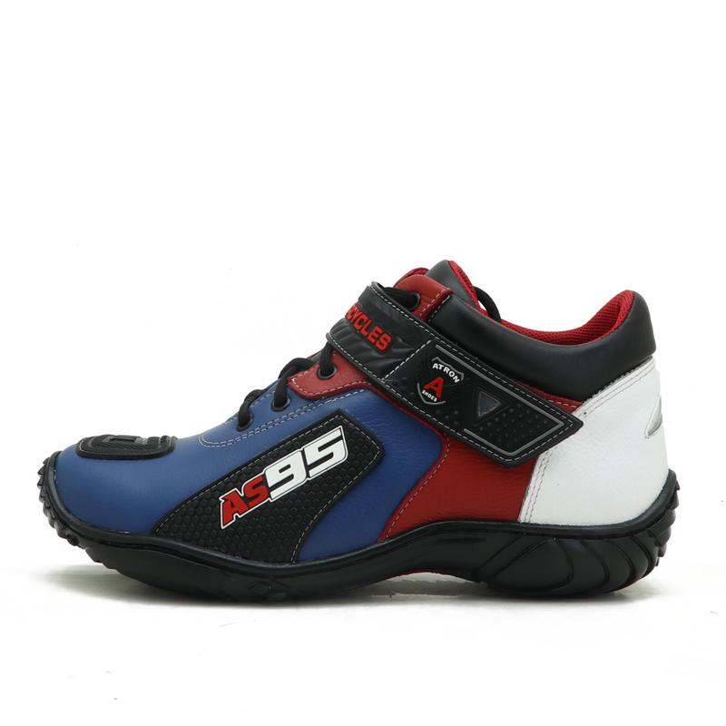 Tênis Motociclista AS95 De Couro Nas Cores Azul Branco E Vermelho ...