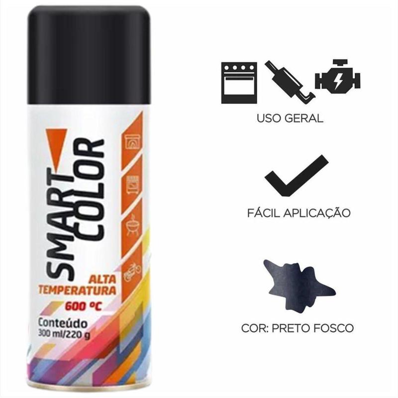 Tinta Spray 300ml- Smart Color - Alta Temperatura 600C Preto Fosco ...