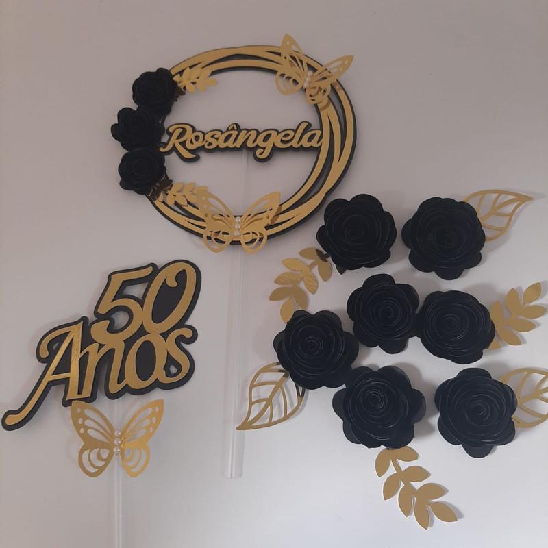 Topo de Bolo 50 anos flores e borboletas preto e dourado personalizado ...