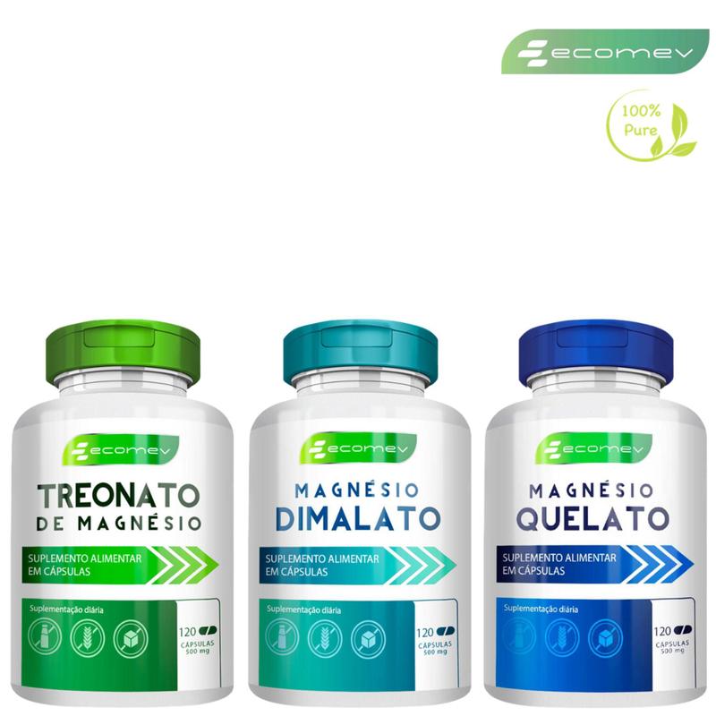 Tri Magnesio Dimalato + Treonato + Quelato 100% Puro 500mg 360Cáps Kit 6 meses Ecomev - Coenzima ...