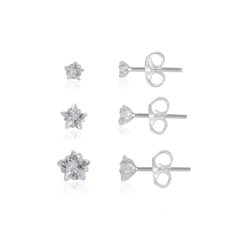 Trio Brinco Zirconia Ponto de Luz Estrela Prata 925 - Wjota Joias ...