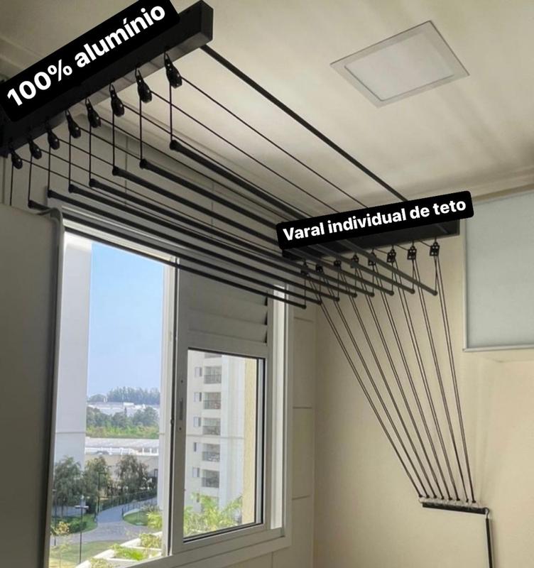 Varal individual de teto 80cm com 10 varetas PRETO - Plus varais ...