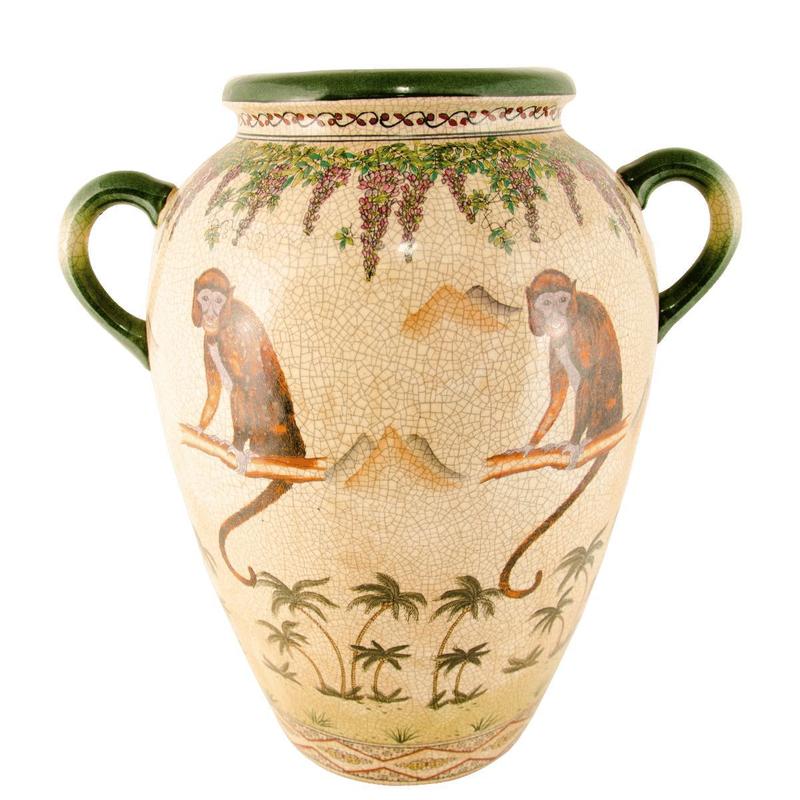 Vaso em cerâmica Craquelê, com pintura de macacos, coqueiros e flores ...