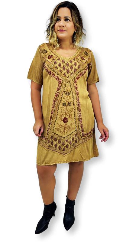 Vestido Curto Indiano com Manga Bordado Amarração nas Costas - Sarat ...