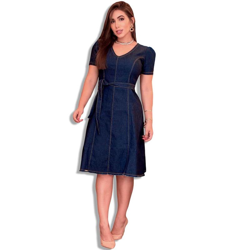 Vestido jeans tendencia godê rodado moda evangélica cristã - SWG ...