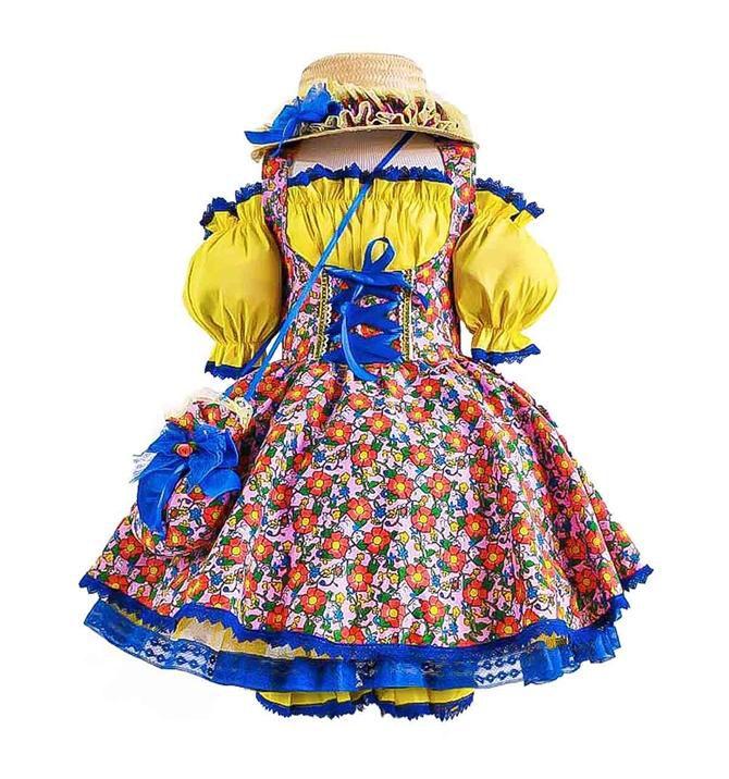 Vestido Junino Infantil Fantasia Luxo Caipira Bolsa + Chapéu ...